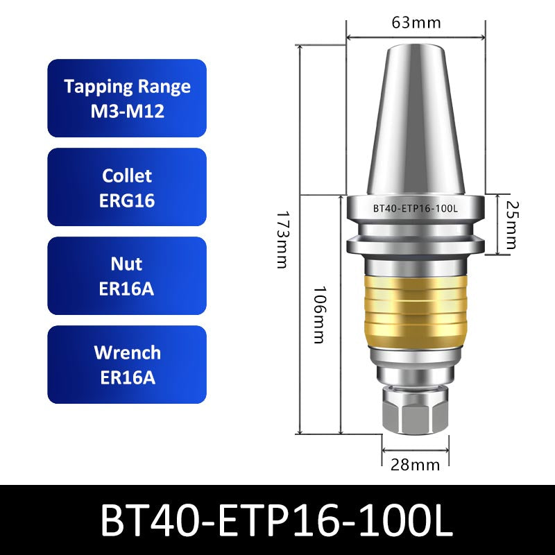 BT40-ETP16-100L Telescopic Collet Chuck Floating Tapping Tool Holder ...