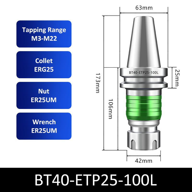 BT40-ETP25-100L Telescopic Collet Chuck Floating Tapping Tool Holder ...